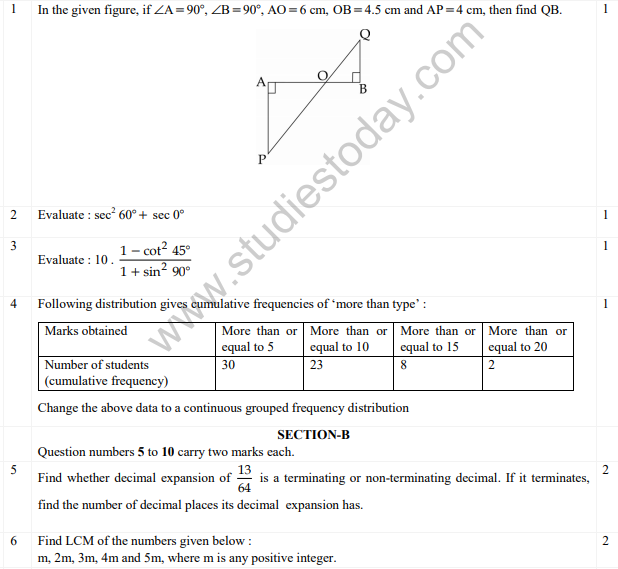 CBSE Class 10 Mathematics Sample Paper Set G CBSE Class 10 Mathematics Sample Paper Set G